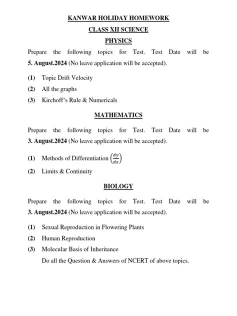 Class Xii Science Holiday Homework Pdf