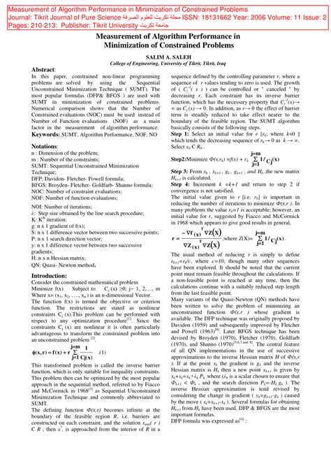 Pdf Measurement Of Algorithm Performance In Minimization Of Constrained Problems