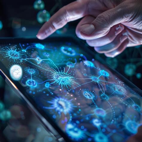Hand Interacting With Digital Network On A Touchscreen Device Representing Technology Innovation