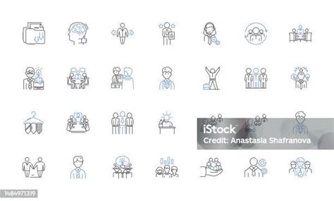 작업 공간 라인 아이콘 모음입니다 인체 공학적 넓고 협업적이며 생산적이며 밝고 통풍이 잘되고 효율적인 벡터 및 선형 그림 현대 개방형 접근 가능한 개요 표지판 세트 아이콘에