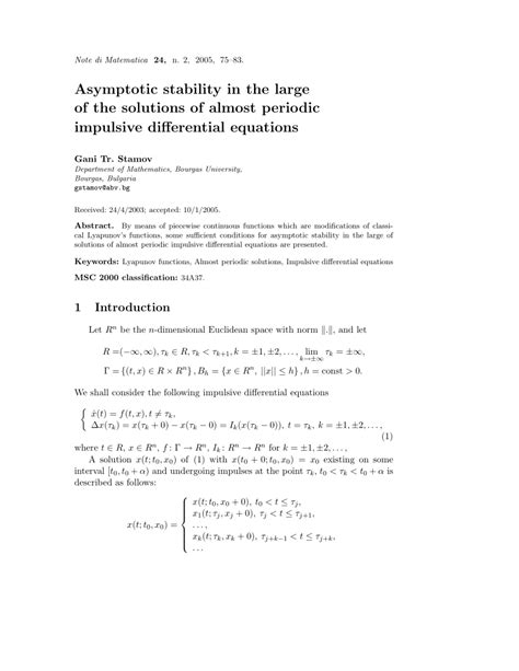 PDF Asymptotic Stability In The Large Of Solutions Of Almost Periodic Impulsive Differential