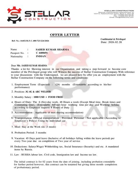 Saheb Kumar Sharma Stellar Cons Russia Offer Letter Pdf Employment
