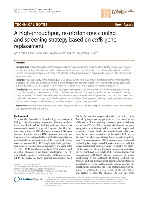 Pdf A High Throughput Restriction Free Cloning And Screening Strategy Based On Ccdb Gene
