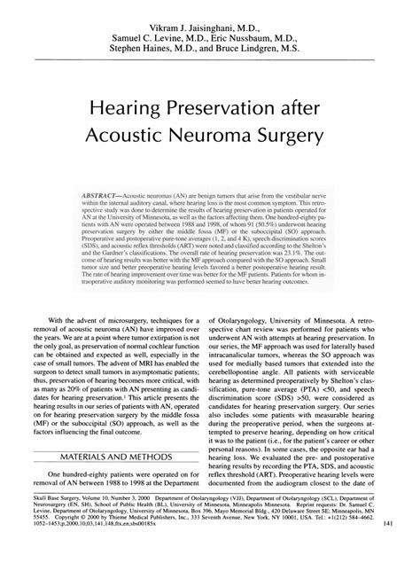 Pdf Hearing Preservation After Acoustic Neuroma Surgery
