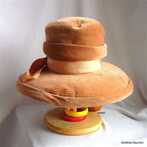 Vintage Ladies Wide Brim Velvet Hat 1960s Tall Crown Burnt Apricot