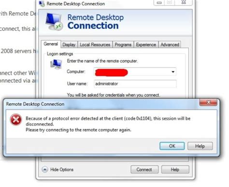 what does error code 0x1104 indicate concerning rdp