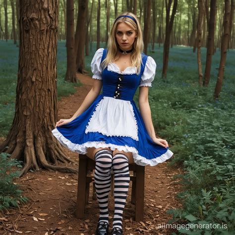 Tanned Alice In Wonderland With Black And White Striped Stockings And