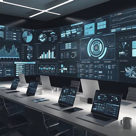 Real Time Data Analytics And Monitoring Center With Futuristic Technology Interface Stock