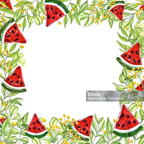 캐러멜 수박 조각 노란색 꽃 녹색 잎이 있는 정사각형 프레임 초콜릿 씨앗을 곁들인 수박 투명한 녹색 가지 허브 흰색에 고립된 수채화 그림입니다 텍스트를 위한 공간 결혼