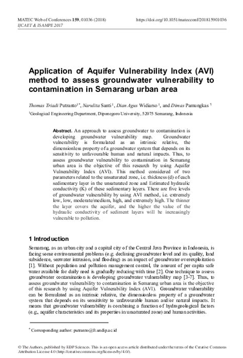 Pdf Application Of Aquifer Vulnerability Index Avi Method To Assess Groundwater