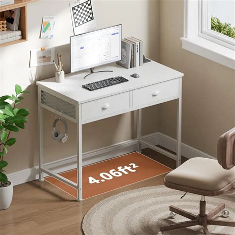 Small White Computer Desk With 2 Fabric Drawers 34 Inch Home Office