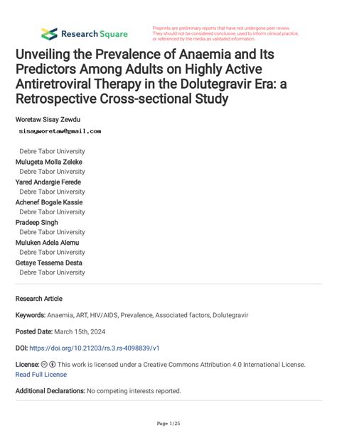 Pdf Unveiling The Prevalence Of Anaemia And Its Predictors Among Adults On Highly Active