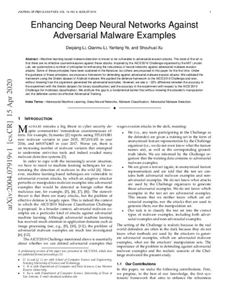 Pdf Enhancing Deep Neural Networks Against Adversarial Malware Examples
