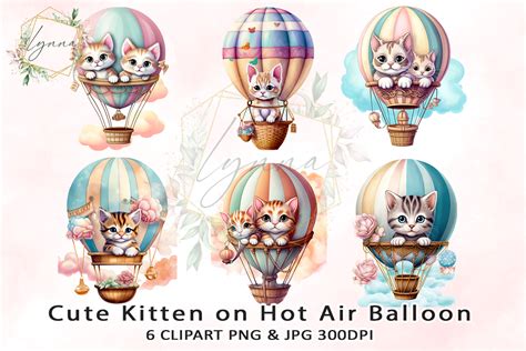 Kitten On Hot Air Balloon Clipart Graphic By Diceenid · Creative Fabrica
