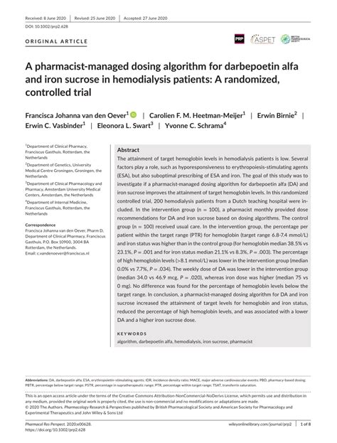 Pdf A Pharmacist‐managed Dosing Algorithm For Darbepoetin Alfa And Pdf A Pharmacist‐managed Dosing Algorithm For Darbepoetin Alfa And