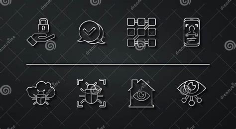 Set Line Lock In Hand System Bug On Cloud Mobile Face Recognition House With Eye Scan Check