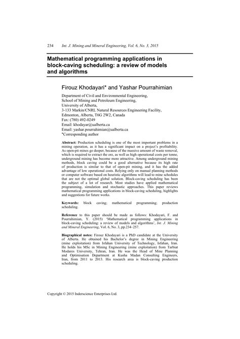 Pdf Mathematical Programming Applications In Block Caving Scheduling A Review Of Models And