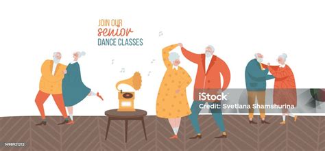 함께 춤을 추는 노부부 활동적인 노인 댄서 그룹과 노인 부부가 댄스 수업에서 즐거운 시간을 보내고 있다 은퇴한 커뮤니티 음악 파티 플랫 손으로 그린 벡터 그림 가공의 인물에