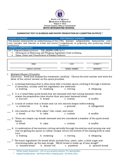 Bpp Ncii Summative 2 Written Pdf Teaspoon Breads