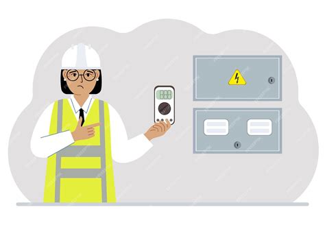 Premium Vector A Female Electrical Engineer Holds A Digital Multimeter In His Hand And Stands