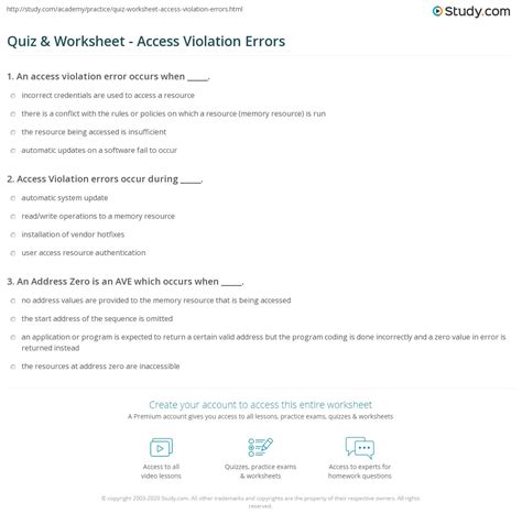 Quiz And Worksheet Access Violation Errors