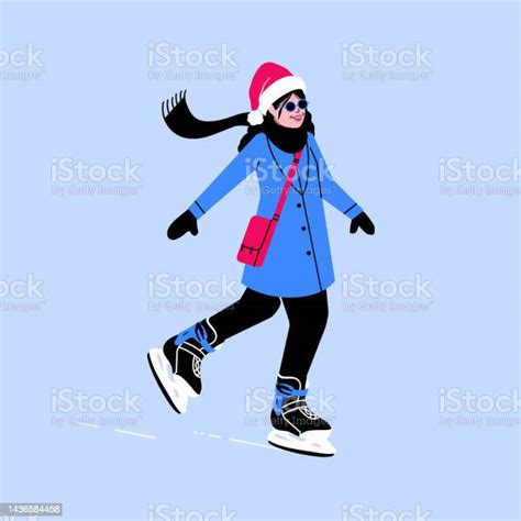 산타 모자를 쓰고 겨울 원더 랜드에서 행복한 여자 아이스 스케이팅 겨울에 대한 스톡 벡터 아트 및 기타 이미지 겨울 겨울