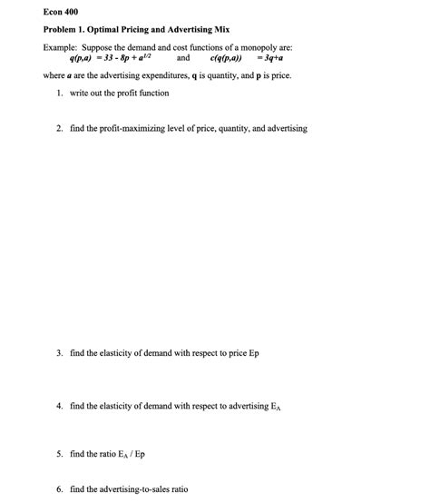 Solved Problem 1 Optimal Pricing And Advertising Mix