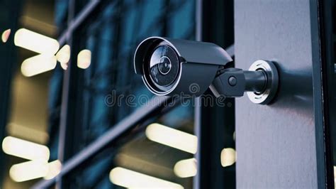 Modern Security Camera On Glass Building Facade Capturing Activity Surveillance Concept Stock