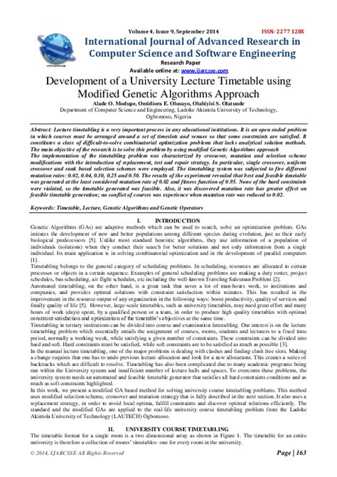 Pdf © 2014 Ijarcsse All Rights Reserved Development Of A University Lecture Timetable Using