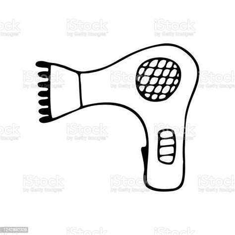 흰색 배경에 격리 손으로 그린 헤어 드라이어 낙서 간단한 개요 그림 그것은 섬유 종이 및 기타 표면의 장식에 사용할 수 있습니다 가정 생활에 대한 스톡 벡터 아트 및 기타