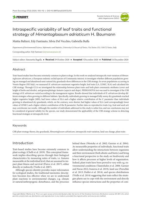 Pdf Intraspecific Variability Of Leaf Traits And Functional Strategy