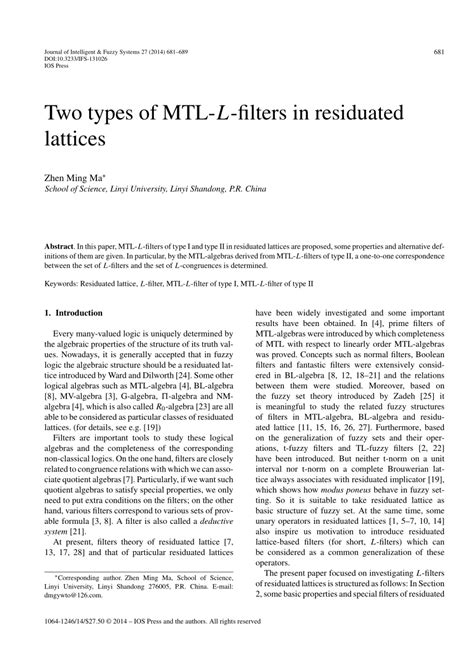 Pdf Two Types Of Mtl L ﬁlters In Residuated Lattices