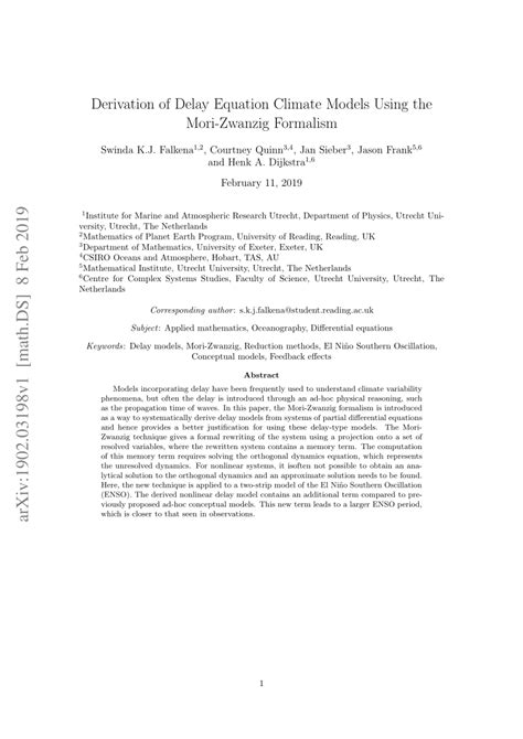 Pdf Derivation Of Delay Equation Climate Models Using The Mori Zwanzig Formalism
