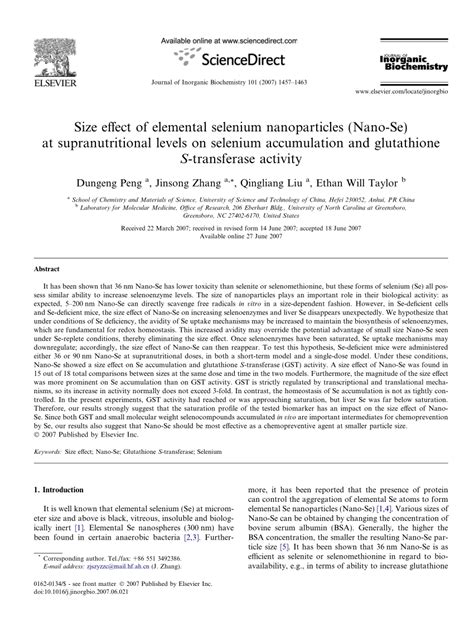 Pdf Size Effect Of Elemental Selenium Nanoparticles Nano Se At Supranutritional Levels On