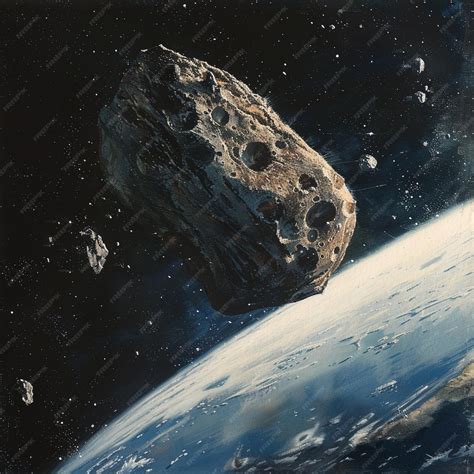A Cratered Asteroid Passing By Earth Premium Ai Generated Image
