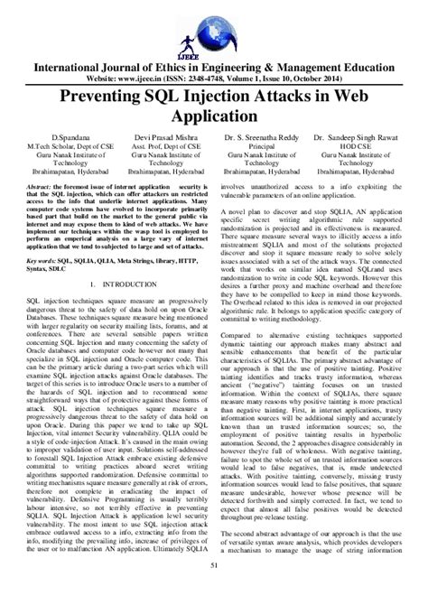 Pdf Preventing Sql Injection Attacks In Web Application