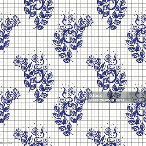 원활한 벡터 패턴 꽃과 체크 무늬 종이에 잎 배경 손 밑그림 그리기입니다 잉크 Pencilling 모방 손으로 그린 패턴의 시리즈입니다 곤충에 대한 스톡 벡터 아트 및 기타