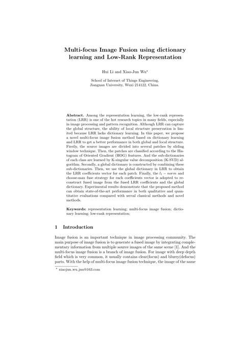 Pdf Multi Focus Image Fusion Using Dictionary Learning And Low Rank Representation