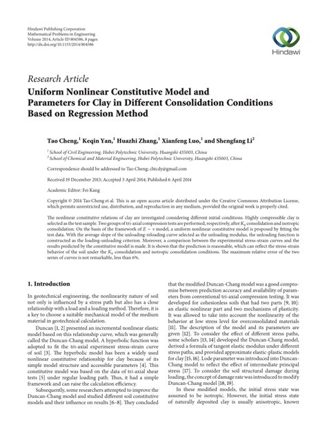 Pdf Uniform Nonlinear Constitutive Model And Parameters For Clay In Different Consolidation