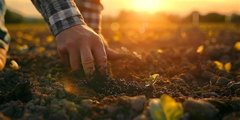 Enhancing Carbon Storage Farmer Applies Biochar To Soil In The Evening