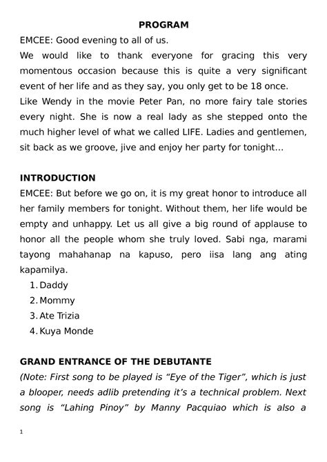 Debut Program Script None Program Emcee Good Evening To All Of Us We Would Like To Thank