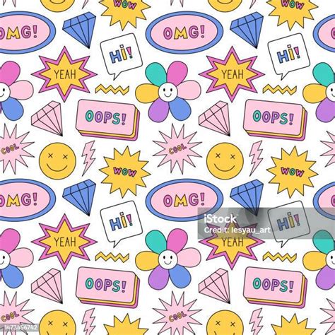 90 년대 스타일의 밝고 매끄러운 패턴 화려한 다이아몬드 웃는 얼굴 별 번개 흰색 배경에 말풍선 1990 년대의 향수 재미있는 멋진 인쇄 팝 아트에 대한 스톡 벡터 아트 및