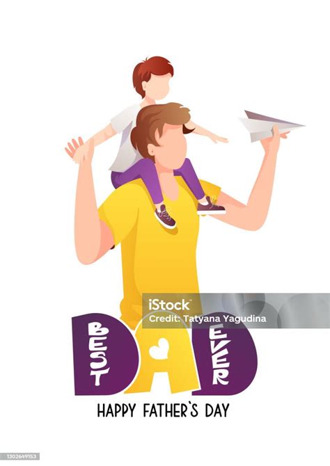 해피 아버지의 날 인사말 카드 디자인 아빠는 어깨에 작은 아들을 가지고 있습니다 손으로 그린 글자 A4 용지에 대한 스톡 벡터 아트 및 기타 이미지 Istock