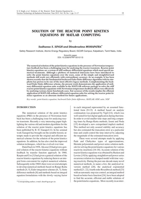 Pdf Solution Of The Reactor Point Kinetics Equations By Matlab Computing