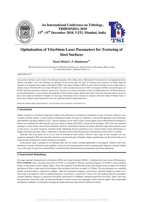 Pdf Optimization Of Ytterbium Laser Parameters For Texturing Of Steel Surfaces
