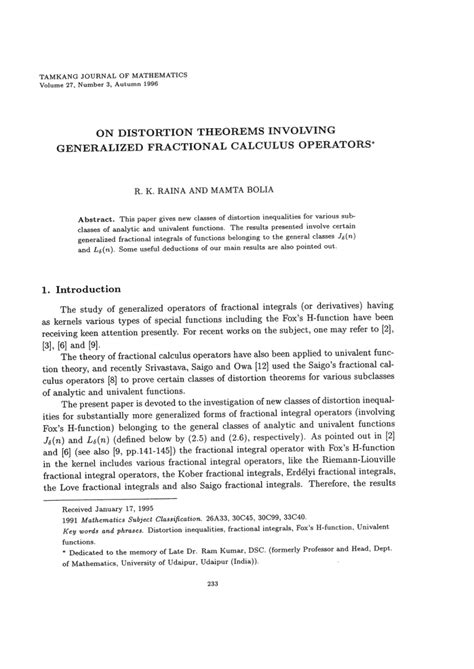 Pdf On Distortion Theorems Involving Generalized Fractional Calculus Operators
