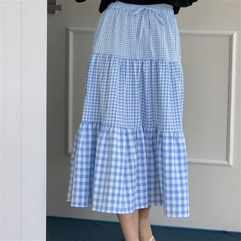여성 3단 체크 패턴 롱 캉캉 스커트 치마 데일리