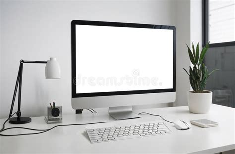 Minimalist Workspace With Desktop Computer Blank Computer Screenhome Office Modern Office