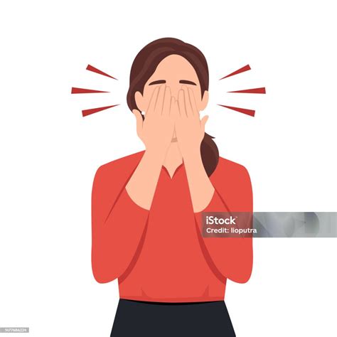 부끄러운 여자가 부끄러움에 얼굴을 숨기고 있다 수줍은 사람은 Smth를 후회합니다 그리고 손바닥으로 눈을 가리고 있습니다 불행한 여성 좌절감 가리기에 대한 스톡 벡터 아트