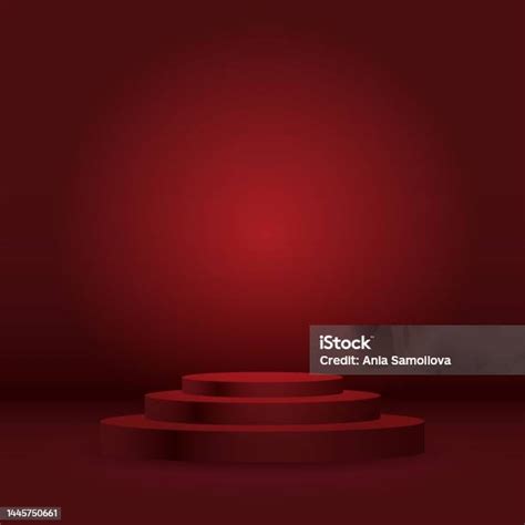 제품 전시를 위한 3단계 플랫폼의 3d 렌더링 빨간색 배경에 전시 스탠드 3 단계의 연단 무대 벡터 그림 3차원 형태에 대한 스톡 벡터 아트 및 기타 이미지 Istock
